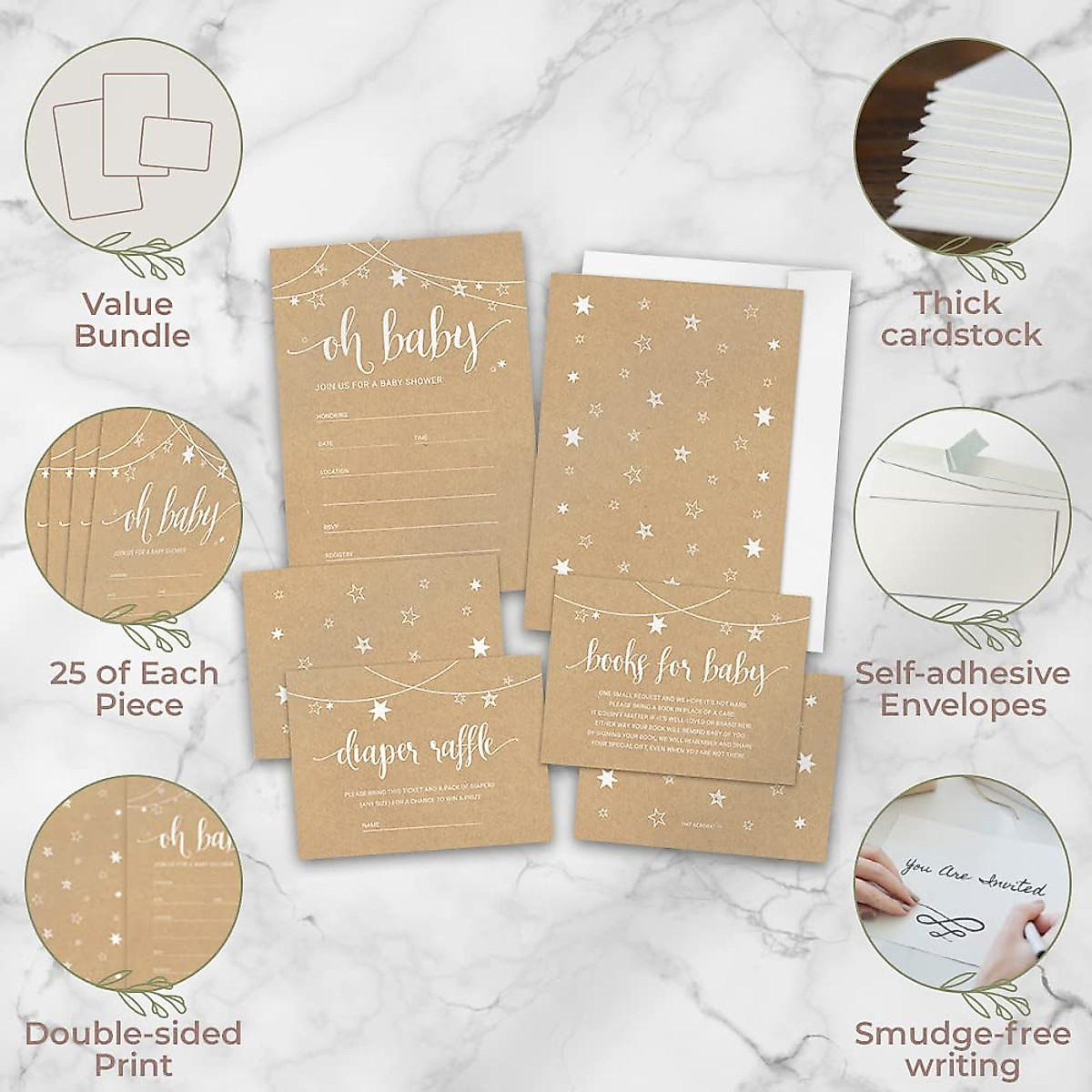 Set of 25 Rustic Baby Shower Invitations Gender Neutral Design - 25 Baby Shower Invites for Boy & Girl, Diaper Raffle Tickets, Book Request Cards with Envelopes - Baby Shower Invitations Vintage