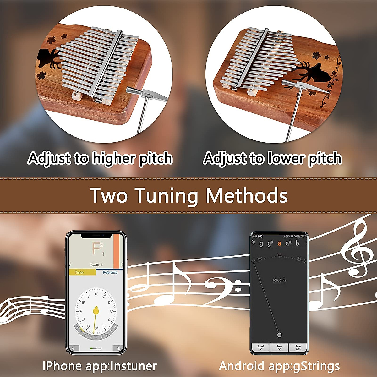 Topnaca Finger Piano Mbira with Study Instruction, Tune Hammer and EVA Piano bag, Acacia wood, Portable Kalimba for Kids Adult Beginners（Brown)