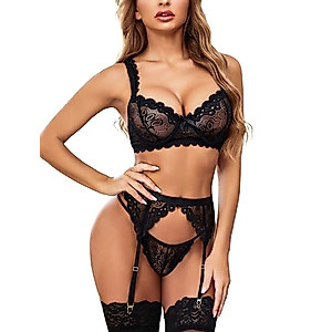 Avidlove Lingerie Garter Set for Women Lace Lingerie Set Strap Babydoll Bodysuit with Garter Belts Black