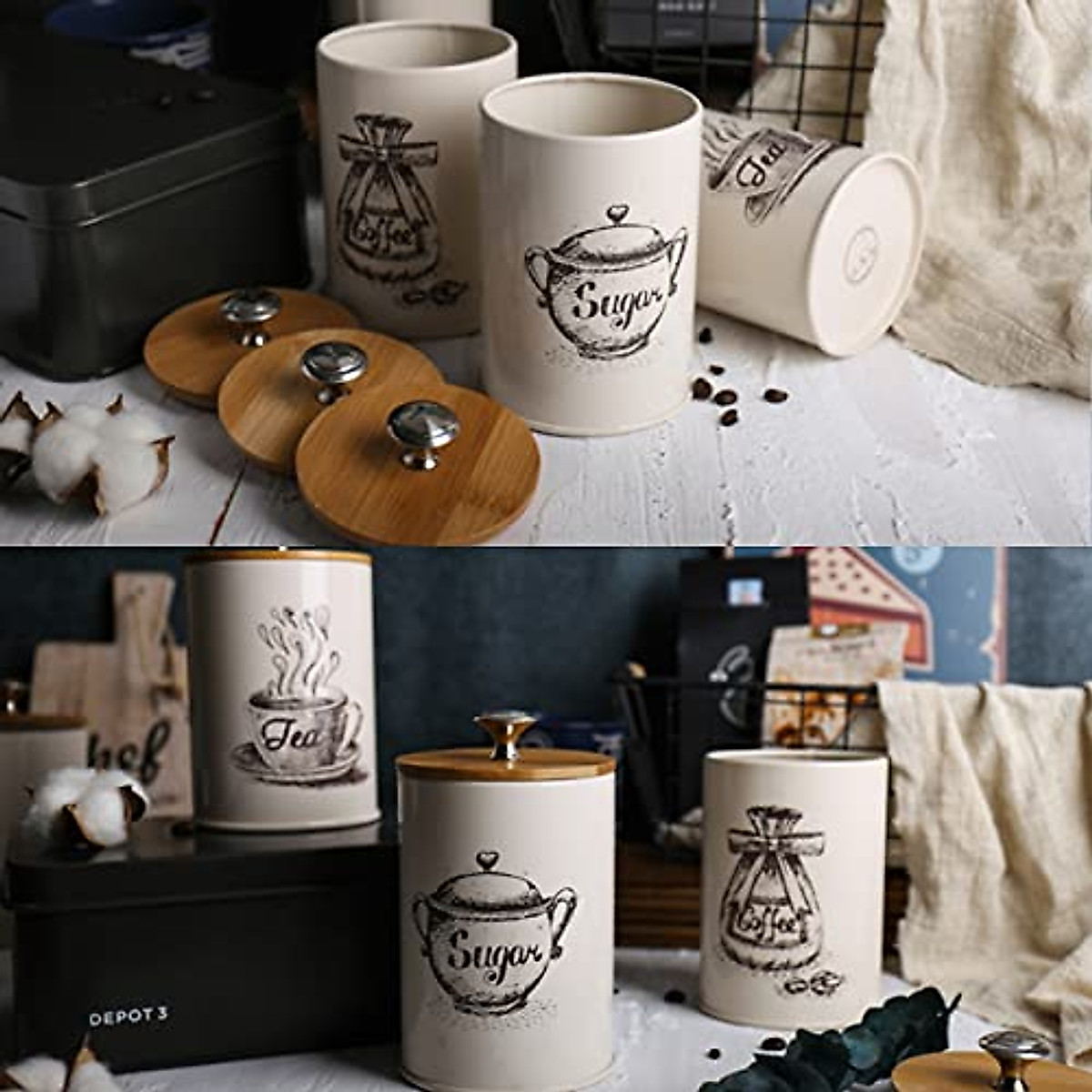 YOUEON Canister Sets for Kitchen Counter, Metal Vintage Kitchen Canisters Set of 3, Coffee Sugar Tea Canister Set, Food Storage Canister with Bamboo Lid, Farmhouse Kitchen Decor, Beige