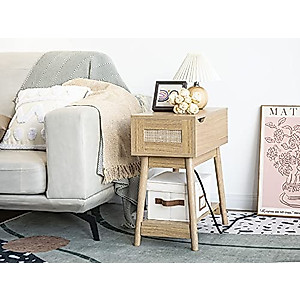 Labcosi Natural Rattan Side Table, Flip Top Nightstand with Charging Station, Mid Century Modern End Table for Living Room and Bedroom, Table with Storage Shelf
