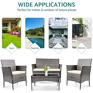 TINKLE WELL 4-Piece Brown Patio Furniture Set – Sectional Wicker Rattan Sofa with Thick Cushions and Table for Garden, Yard, or Porch