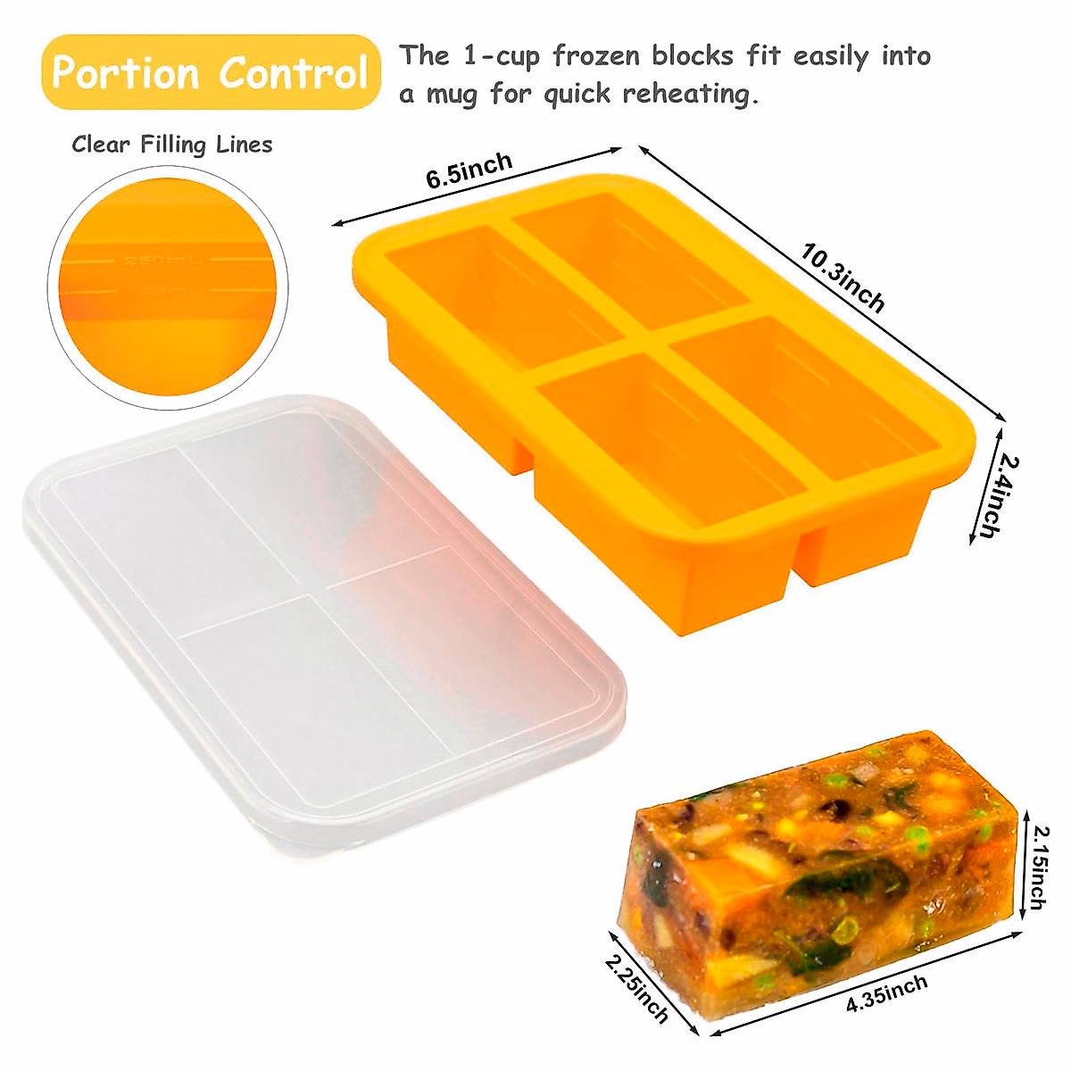 2 Pack Silicone Freezing Tray with Lid Makes 4 Perfect 1-Cup Portions, Easy-Release Silicone Freezer Tray, Food Freezer Mold, Freeze and Store Soup, Broth, Sauce, Leftovers Container, Soup Mold