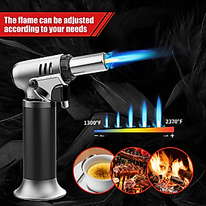 Blow Torch, Butane Torch with Fuel Gauge, Refillable Torch Lighter with Safety Lock, Adjustable Flame, One-handed Operation, Kitchen Torch for Cooking, BBQ, Baking(Butane Gas Not Included)