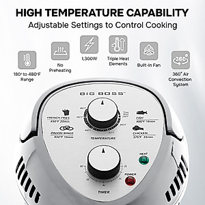 Big Boss 16Qt Large Air Fryer Oven – Large Halogen Oven Cooker with 50+ Air Fryers Recipe Book for Quick + Easy Meals for Entire Family, AirFryer Oven Makes Healthier Crispy Foods – Silver