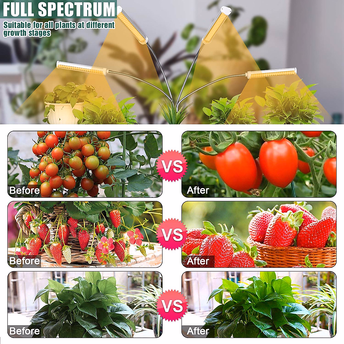 Grow Lights for Indoor Plants,Lxyoug Full Spectrum with 60" Extendable Tripod Stand,420 LEDs 200W Auto On/Off Timing Function Four-Heads Floor Plant Grow Light for Various Plants