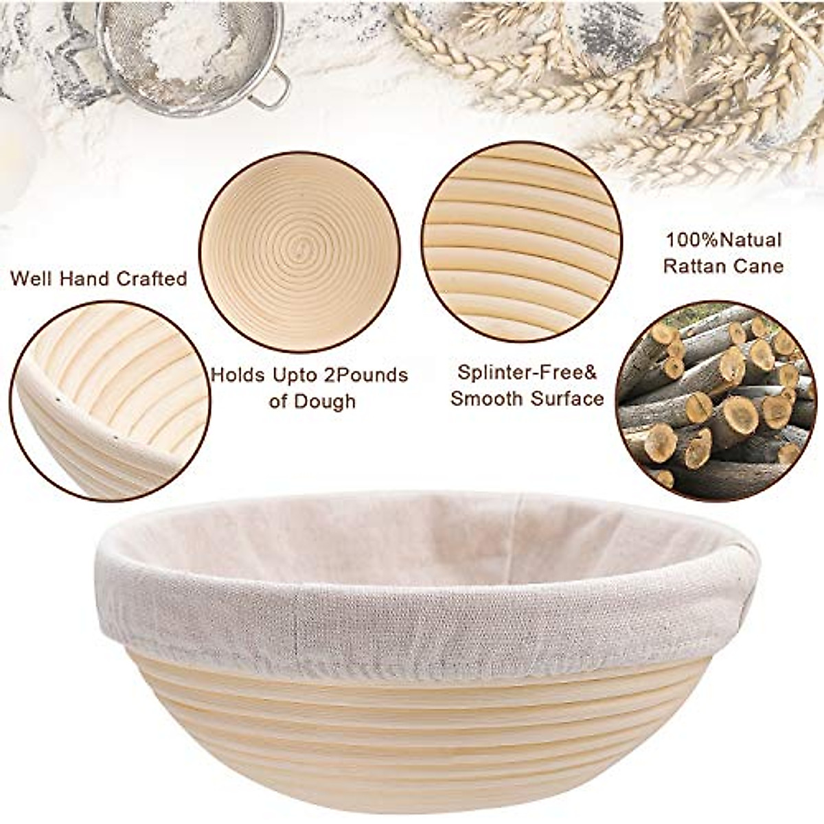 Set of 2 9 inch Round Bread Proofing Baskets Natural Rattan Banneton Sourdough Rising Bowl Basket with Dough Scraper + Bread Lame + Cloth Liner for Bakery Home Bakers