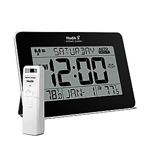 HODIK Atomic Clock with Indoor Outdoor Temperature Wireless, Large 11.4 Inch LCD Display for Easy Reading, Self-Setting Battery Powered Table Clock or Wall Clock with High Precision Sensor