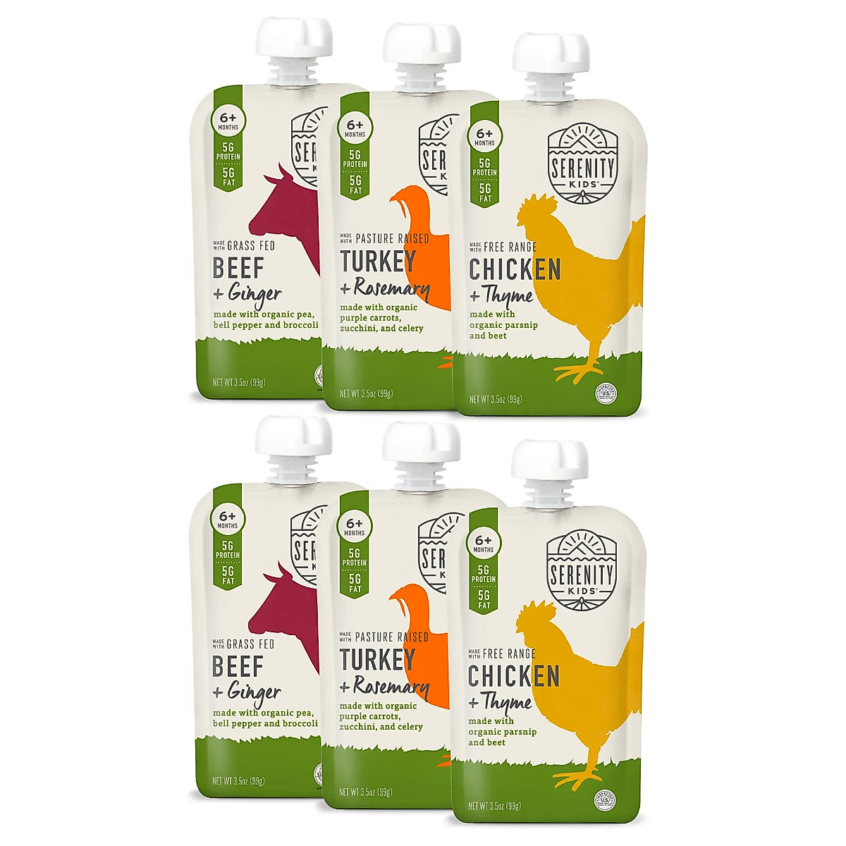 Serenity Kids 6+ Months Baby Food Pouches Puree Made With Ethically Sourced Meats & Organic Veggies | 3.5 Ounce BPA-Free Pouch | Meats + Herbs Variety Pack | 6 Count