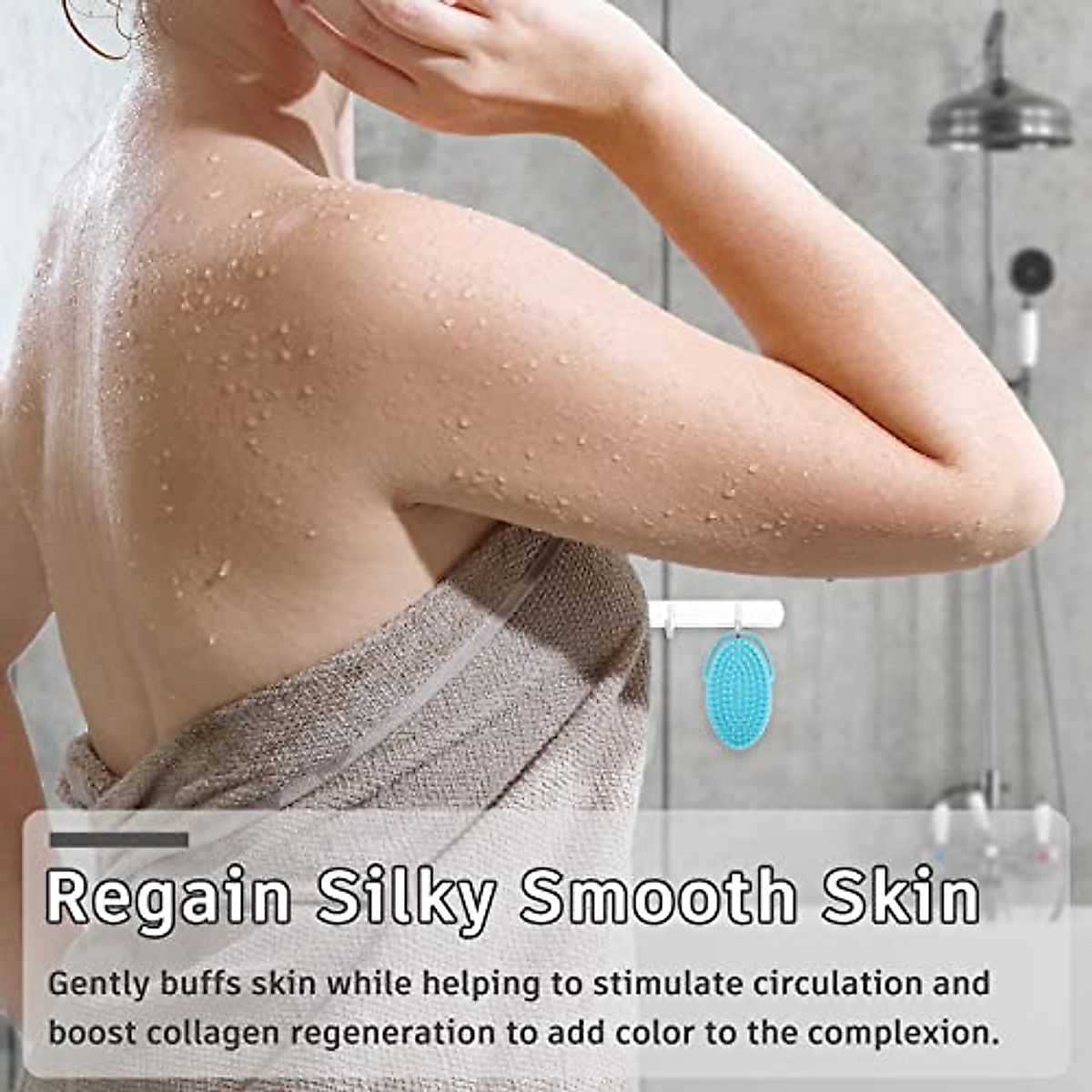 FREATECH Exfoliating Silicone Body Scrubber with Built-in Loop Handle, Dual-sided Bath Shower Body Brush for Deep Cleansing and Massage, Easy to Hold and Hang, Hygienic and Long-lasting, Light Blue