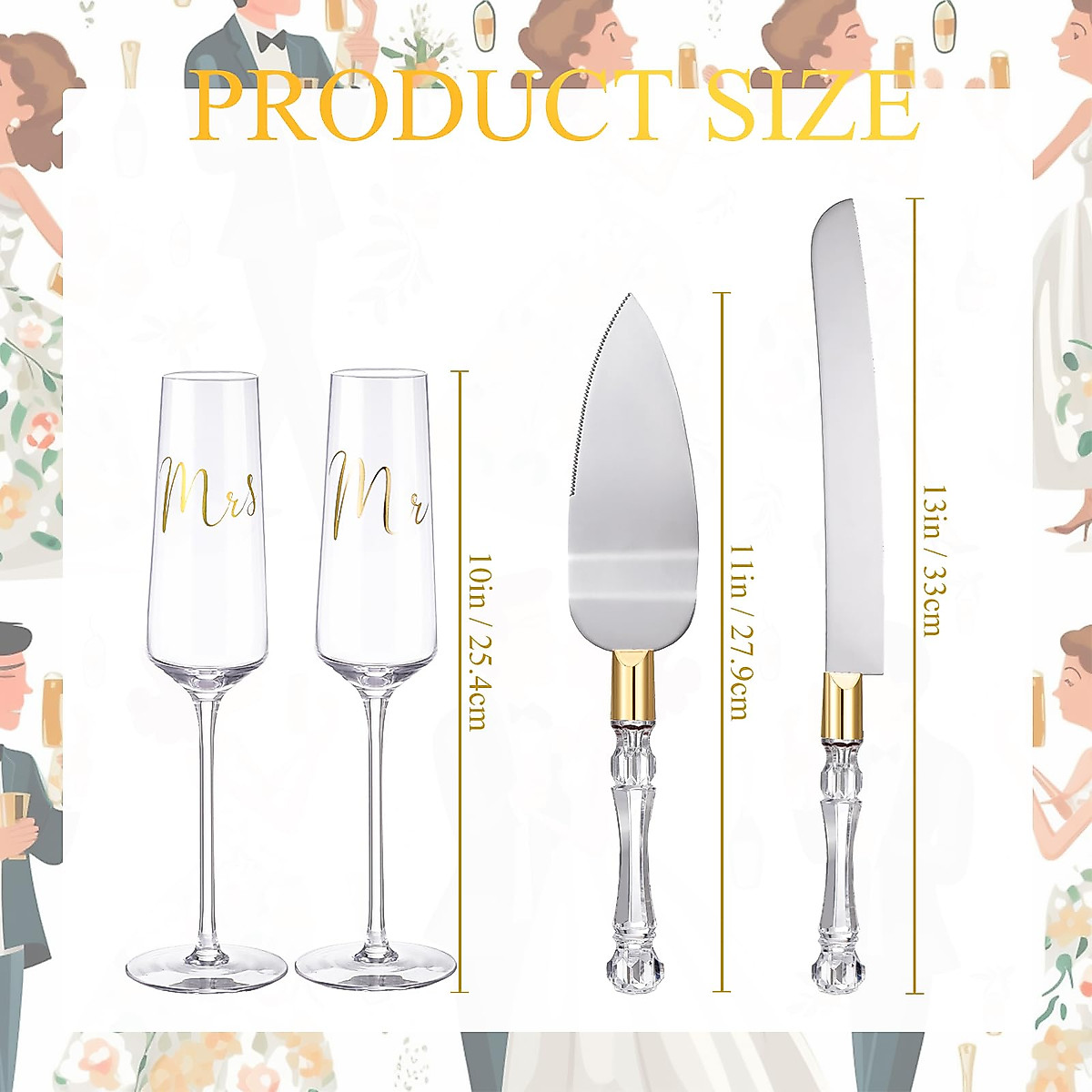 4 Pieces Wedding Toasting Flutes and Cake Server Set Wedding Reception Supplies Champagne Glasses Cake Knife Pie Server (Gold,Classic)