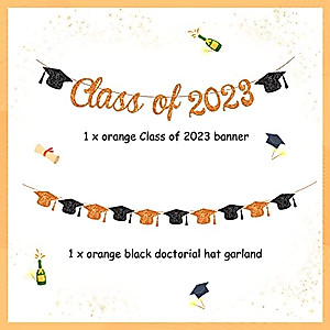 Class of 2023 Banner Orange 2023 Graduation Decorations Orange and Black Bachelor Cap Garland for Congrats Grad Party Supplies Graduation Theme Party Decor
