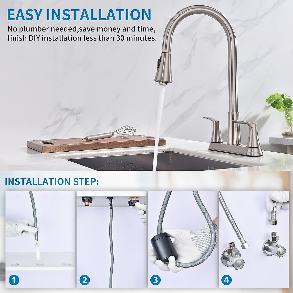 HOMELODY 2 Handles Kitchen Faucet with Pull Down Sprayer for 3 Hole Sink, 8 inch 360° Rotating Spout Centerset Kitchen Sink Faucet with Water Lines Brushed Nickel
