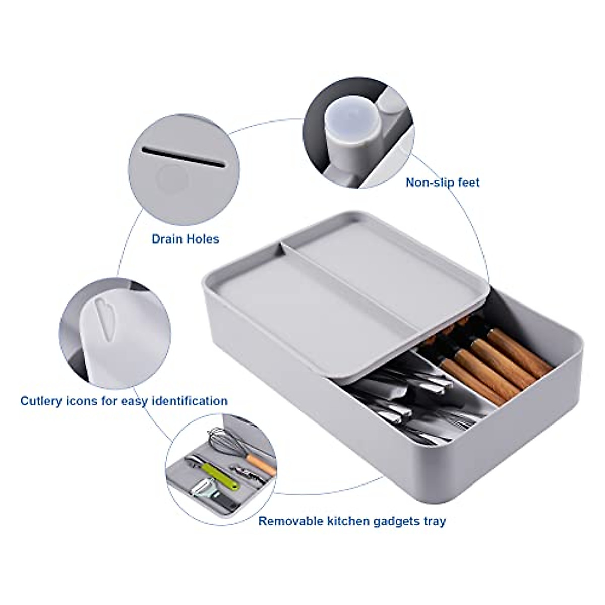 SOMIER 3-in-1 Kitchen Drawer Organizer Flatware Cutlery and Utensil Trays, 2-Tier Knife Holder - 4 Stacked Compartments Silverware Tray - A Removable Divider for Kitchen Gadgets Storage, Gray