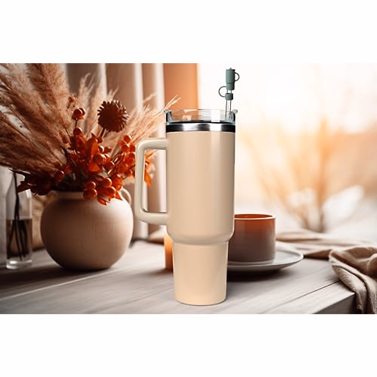 Resin and Reed Silicone Straw Cover Caps, Compatible with Stanley Cup and 10mm Straws, Cup Not Included (Shale, Dune, Rose Quartz, Chambray Blue)