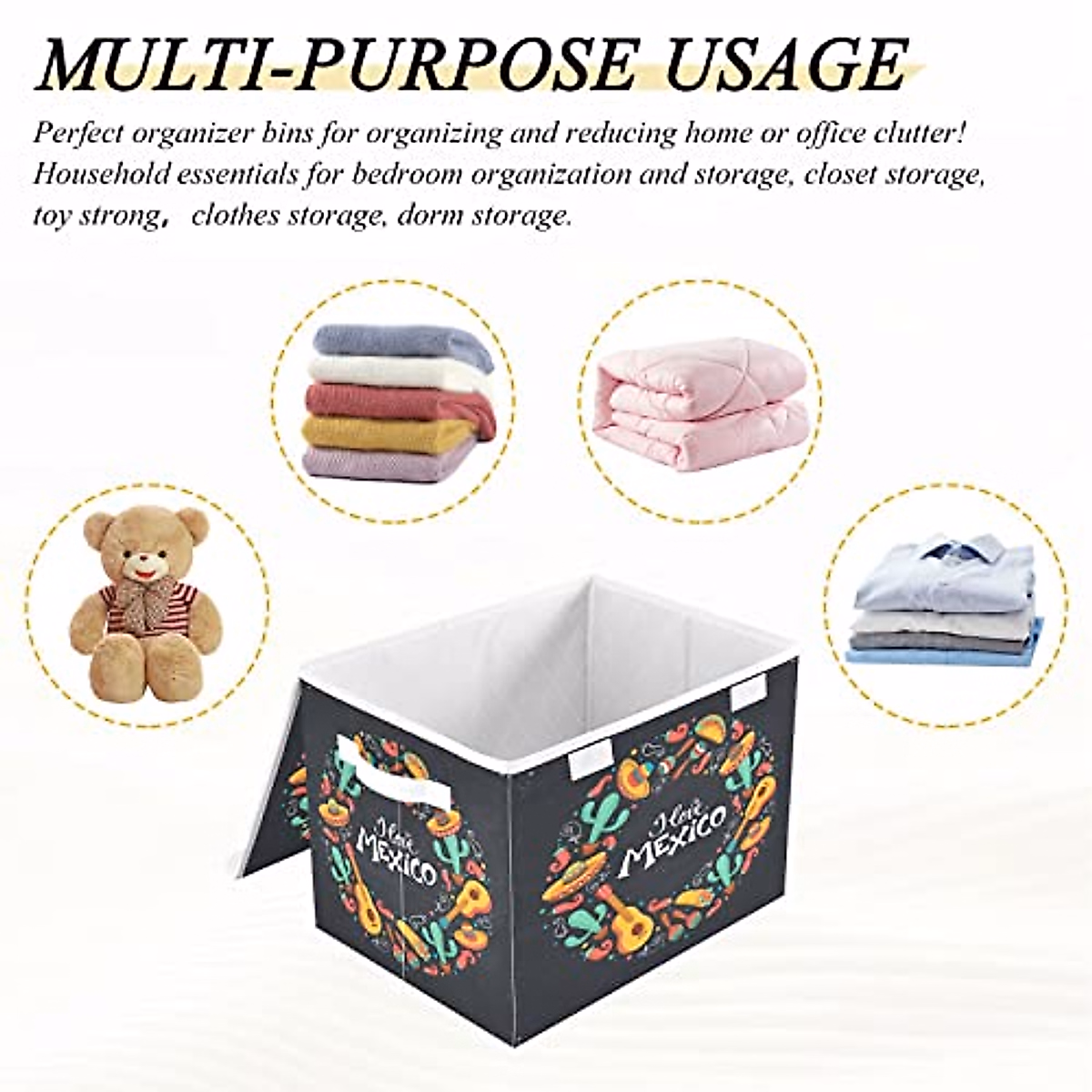 Kigai Mexico Pattern Storage Basket with Lid Collapsible Storage Bin Fabric Box Closet Organizer for Home Bedroom Office 1 Pack