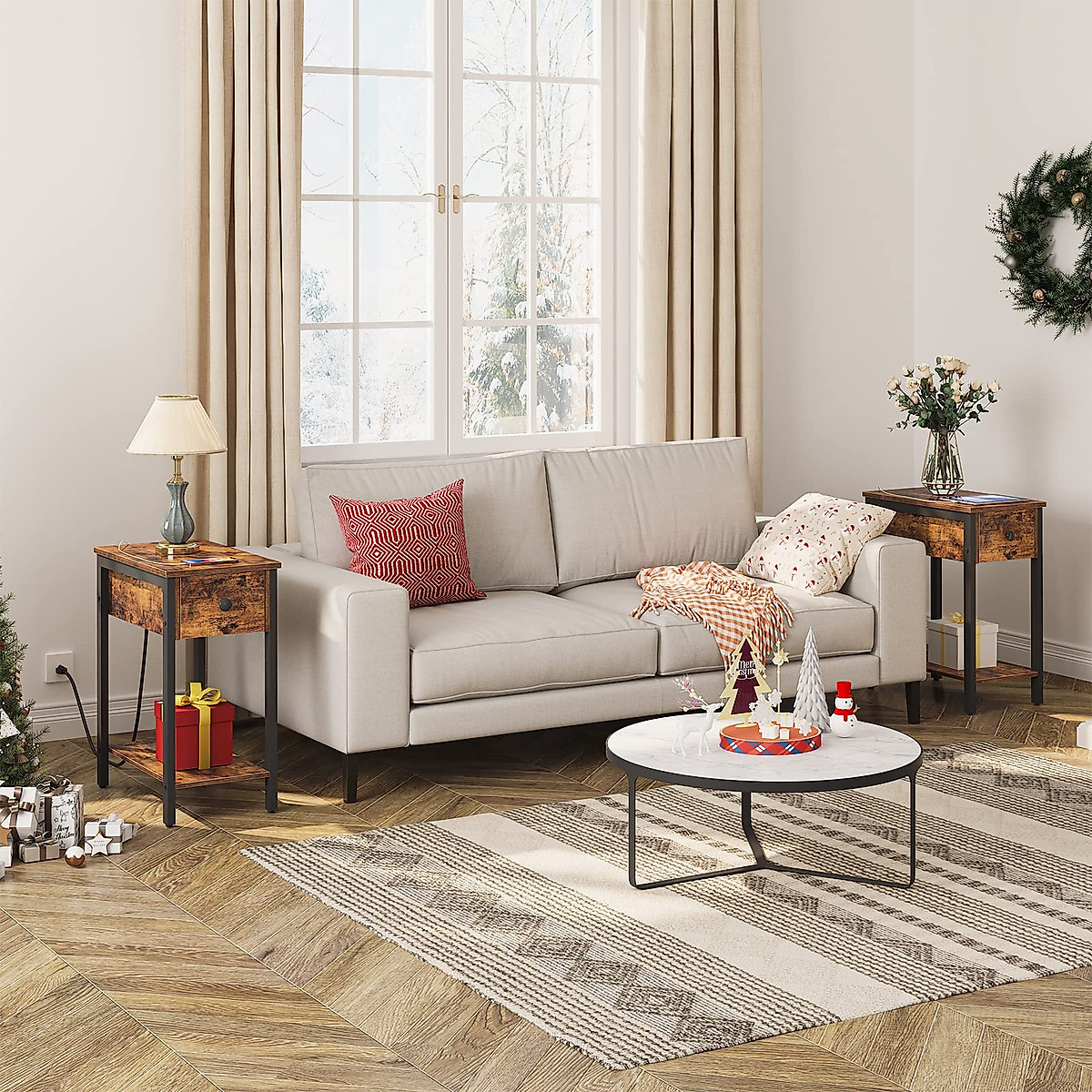 HOOBRO End Table with Charging Station, Set of 2 Narrow Side Table, Small Nightstand, Bedside Table with Drawer and Storage Shelves, for Small Spaces, Rustic Brown and Black BF041BZP201