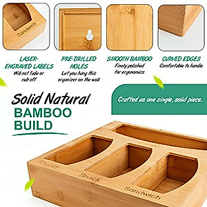 Ziplock Bag Storage Organizer - Plastic Food Storage Bag Dispenser for Kitchen Drawer or Wall Hanging - Fits VarietyBrand Gallon, Quart, Sandwich & Snack Bags - Bamboo Box Holder for Zip Lock Bags