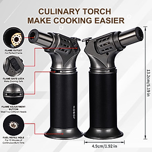Butane Torch Lighter with Adjustable Flame, One Handed Blow Torch with Safety Lock, Refillable Cooking Torch for Creme Brulee, Grilling, Desserts, BBQ, Baking (Butane Gas Not Included), Black