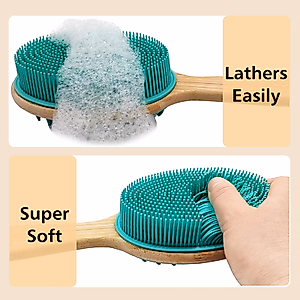 HONOMA Exfoliating Silicone Back Scrubber Brush with Long Handle,Easy to Clean,Bath Body Brush Lathers Easily, Long Lasting, and More Hygienic Than Traditional Loofah Mesh Sponge.