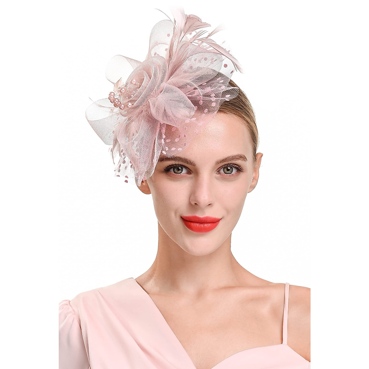 Zivyes Blush Pink Fascinators Hat for Women Tea Party Headband Kentucky Derby Wedding Cocktail Flower Mesh Feathers Hair Clip