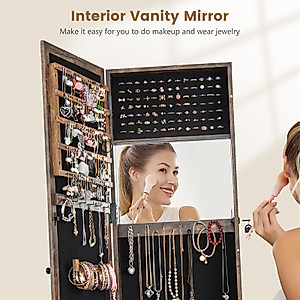 LOKO Lockable Jewelry Cabinet, Large Capacity Makeup Organizer with Full-Length Mirror, Built-in Makeup Mirror, 5 Storage Shelves, Floor Standing Jewelry Armoire for Living Room, Bedroom (Brown)