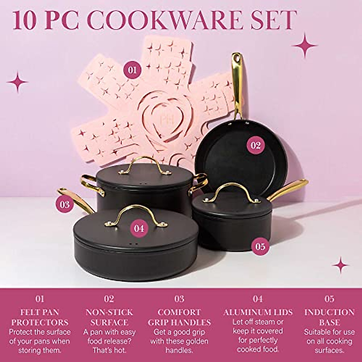 Paris Hilton Iconic Nonstick Pots and Pans Set, Multi-layer Nonstick Coating, Matching Lids With Gold Handles, Made without PFOA, Dishwasher Safe Cookware Set, 10-Piece, Black