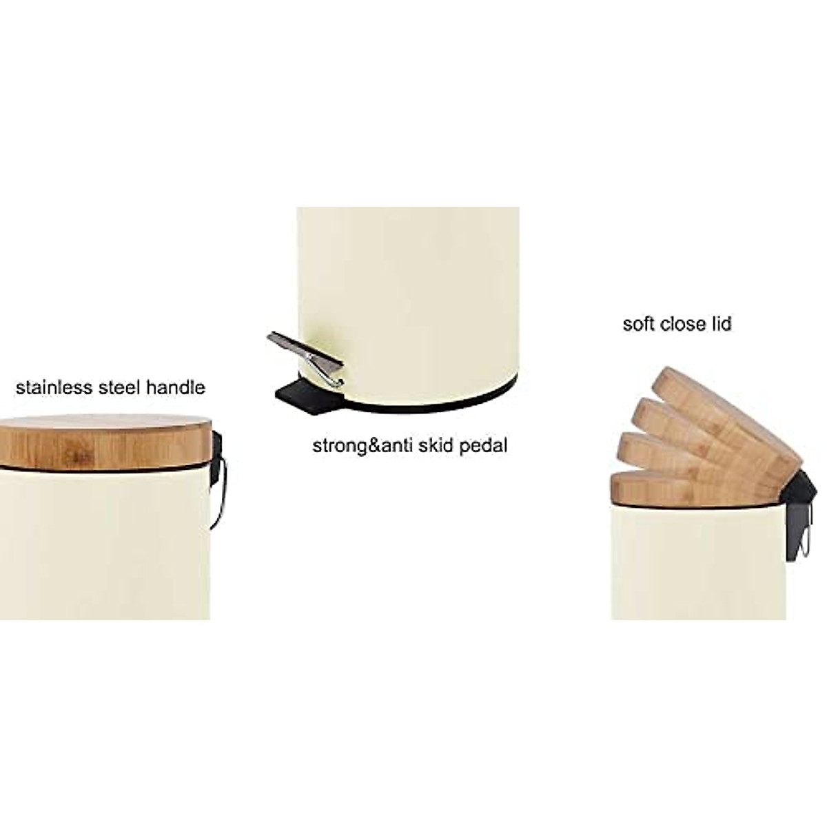 L-Line Way Small Bathroom Trash can with Pedal,Eco Friendly Bamboo lid Soft Close,0.8 Gal/3L .Beige Steel with Removable Inner bin.Strong &Anti Skid Pedal.Color Box.Unique & Boutique Style