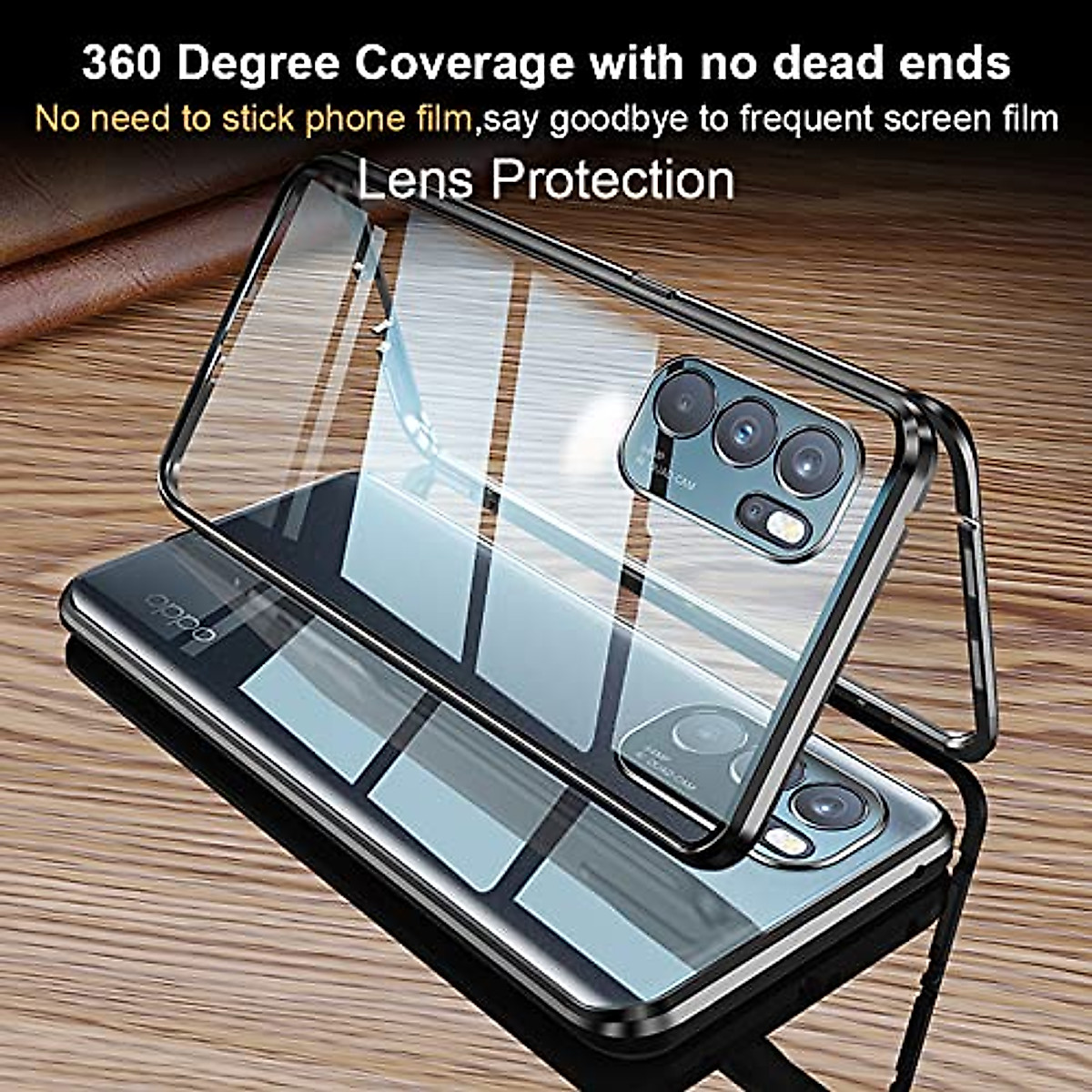 QUIETIP Compatible Oppo Reno 6 Pro+ Plus 5G Case Clear,Magnetic Thin Body Metal Frame Double-Sided Transparent Tempered Glass Case with Built-in Screen Lens Protect,Black