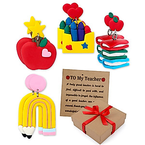 Tuitessine Teacher Polymer Clay Earrings with Appreciation Card Apple Pencil Books Crayons Jewelry for Mrs. Teacher Master Tutor Christmas Holidays Gift Basket Set of 4 Earrings in A Wrapped Box