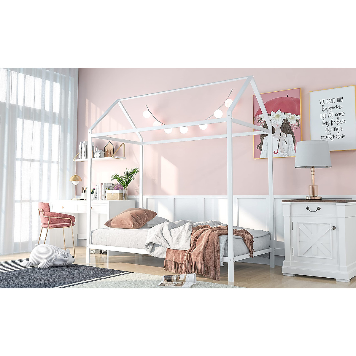 AOCOROE Twin Size House Bed Frame Floor Height Platform Bed for Boys and Girls. Metal Twin Bed House Shaped Canopy Bed Frame with Slats