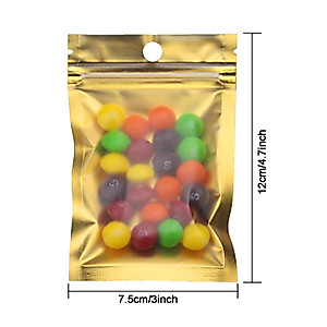 Luckkyme 200 Pack Mylar Zip Lock Bags Aluminum Foil Bags Durable Double-Sided Metallic Foil Mylar Flat Mini Ziplock Bag 7.5 x 12 cm/ 3 x 4.7 Inch (Gold)