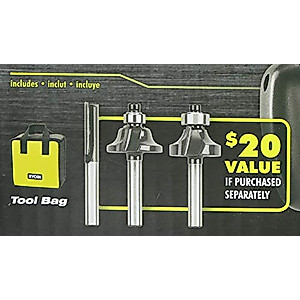 Ryobi R1631K 1-1/2 Peak HP 8.5 Amp LED Lit Corded Router Including 3 Piece Bit Set (w/ Tool Bag)
