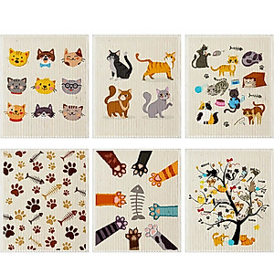 6 Pieces Cat Sweedish Dishcloth Dish Towels Durable Swedish Cleaning Cloths Absorbent and Fast Dry Kitchen Towels Cats Cleaning Cloths for Kitchen Bathroom Office Wedding Housewarming
