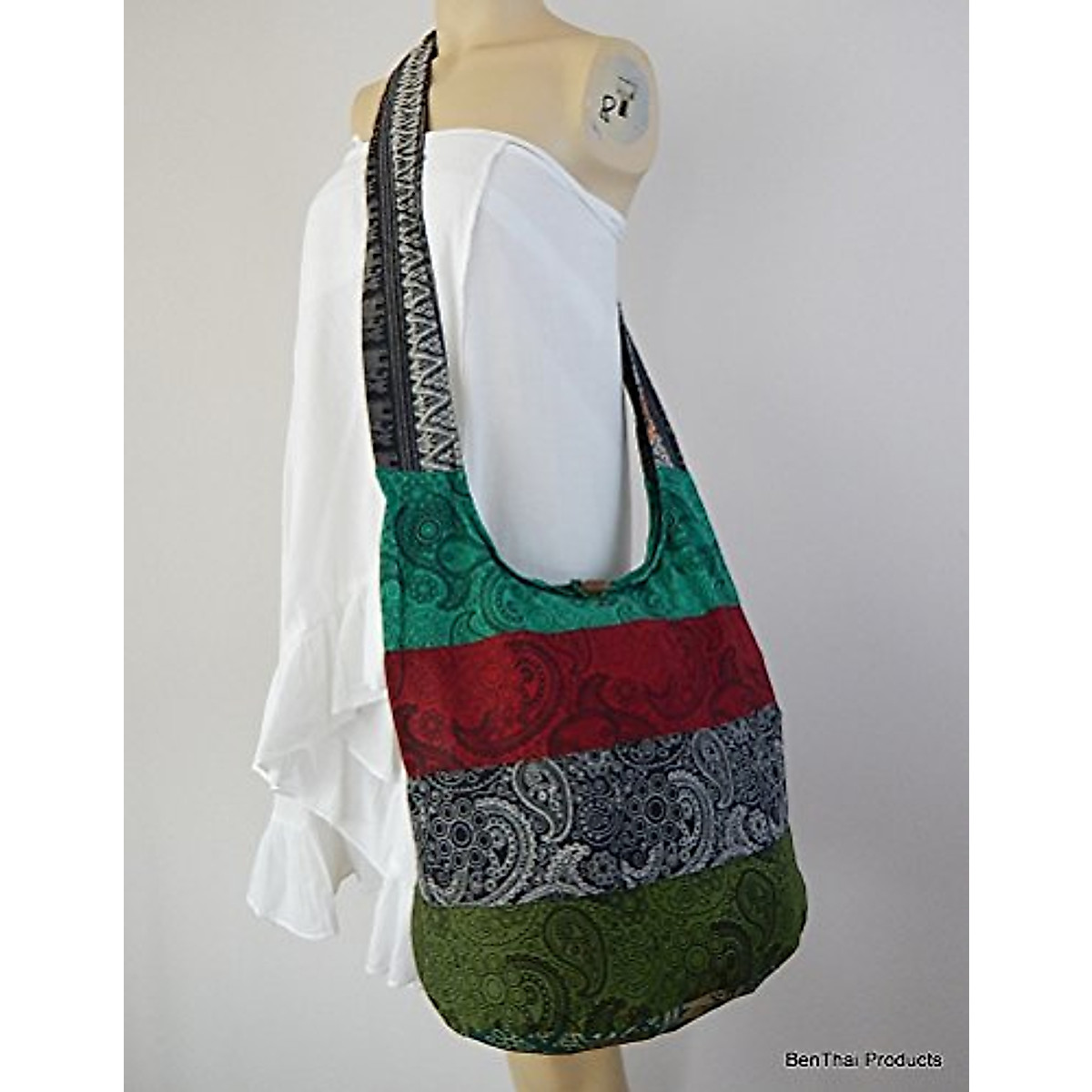 BTP! Thai Cotton Hippie Hobo Sling Crossbody Bag eco Friendly Shopping bag Paisley Print Large (Patchwork Random Colors PWP)