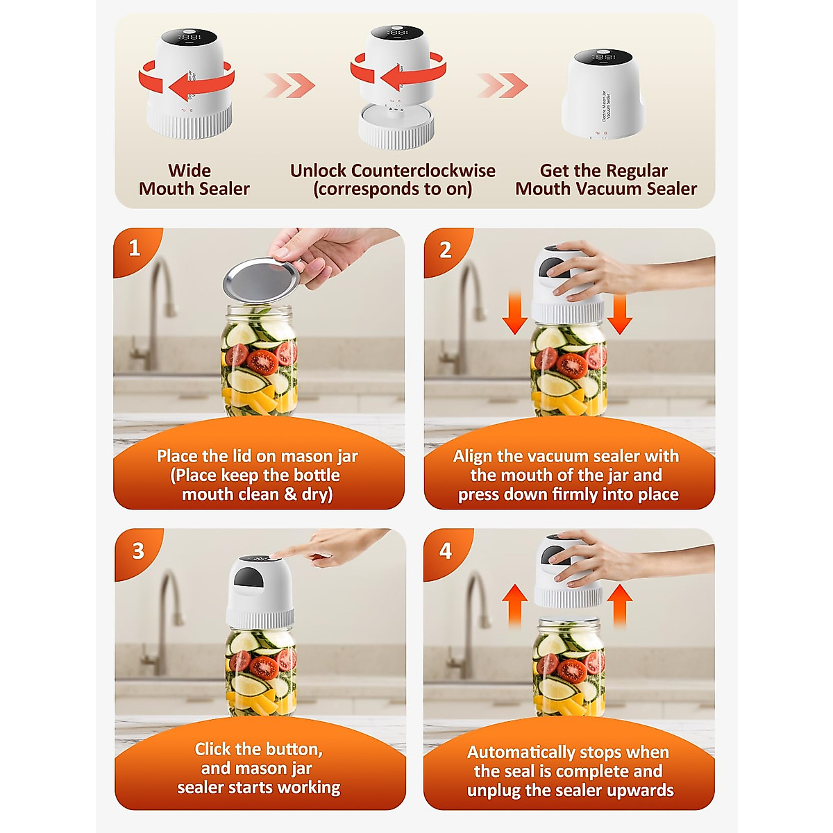 Electric Mason Jar Vacuum Sealer Kit - 3 in 1 Automatic Vacuum Sealer for Wide & Regular Mouth Mason Jars Vacuum Bags, Rechargeable Portable Vacuum Sealer for Jars for Food Storage