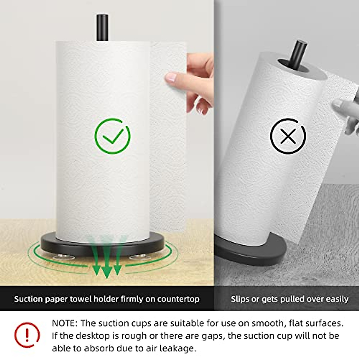 Paper Towel Holder Countertop with Suction Cups Base for One-Handed Operation, Free-Standing Paper Towel Roll Dispenser, Paper Towel Stand Suitable for Kitchen, Bathroom, Pantry, RV