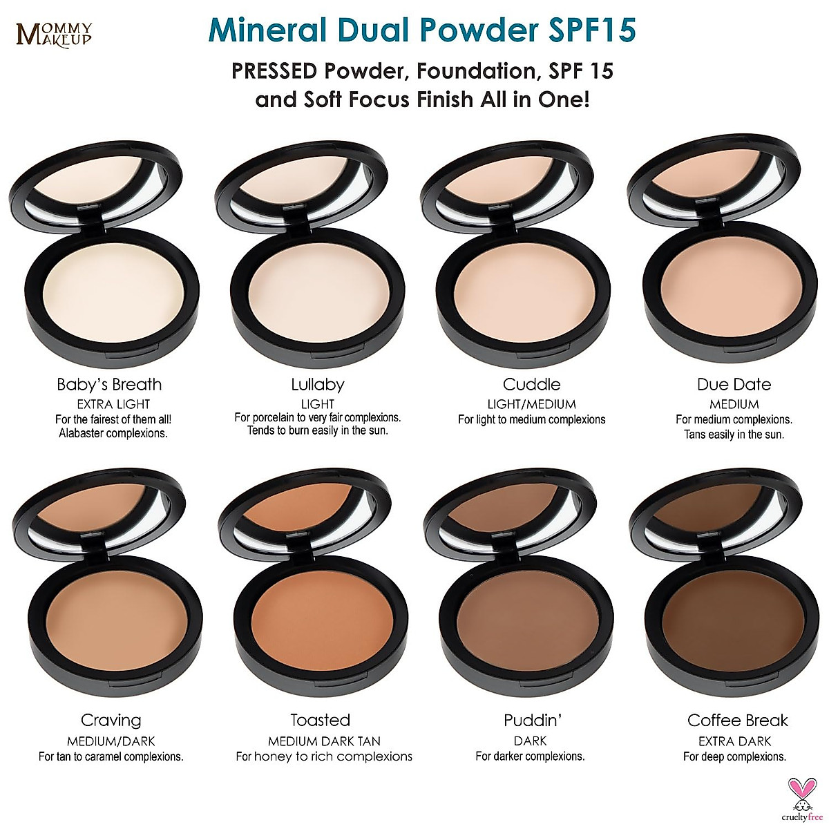 Mineral Dual Powder - 4-in-1 Pressed Mineral Foundation with SPF 15 for Flawless Glow - Oil-Free, Talc-Free, Gluten-Free, 0.45 oz (Lullaby - Light) by Mommy Makeup