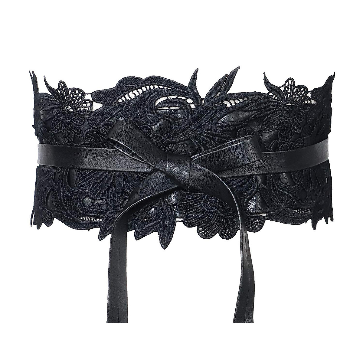 Lovful Womens Faux Leather Lace Wrap Around Obi Belt Waist Boho Band Wide Belts,Black