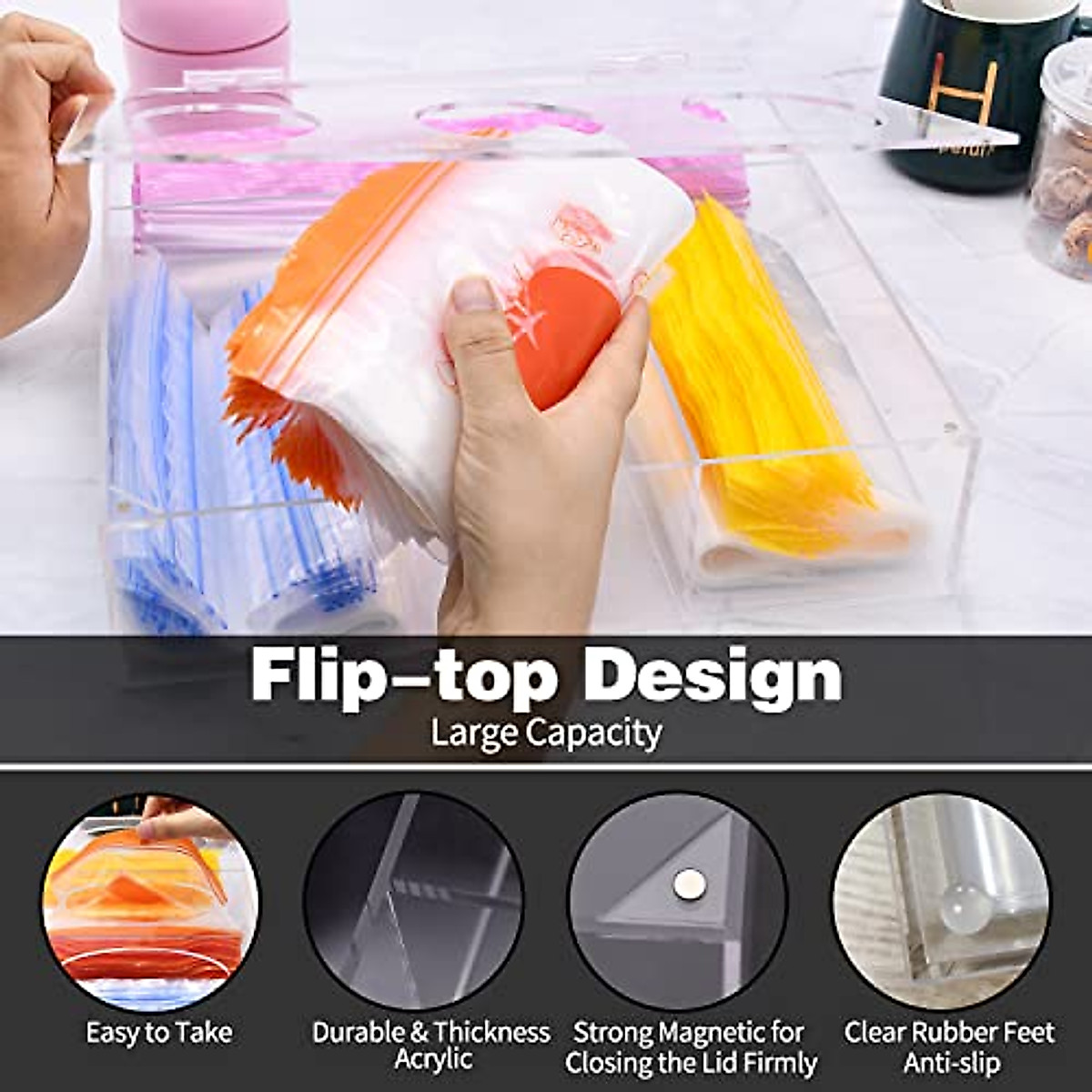 Bag Storage Organizer, Acrylic Food Storage Bag Organizer, Clear Bag Storage Organizer for Solimo, Hefty, Glad, Compatible with Gallon, Slider Quart, Freezer, Sandwich, Snack