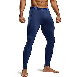 TSLA Men's Thermal Compression Pants, Athletic Sports Leggings & Running Tights, Wintergear Base Layer Bottoms, Pocket Midnight Navy, Medium