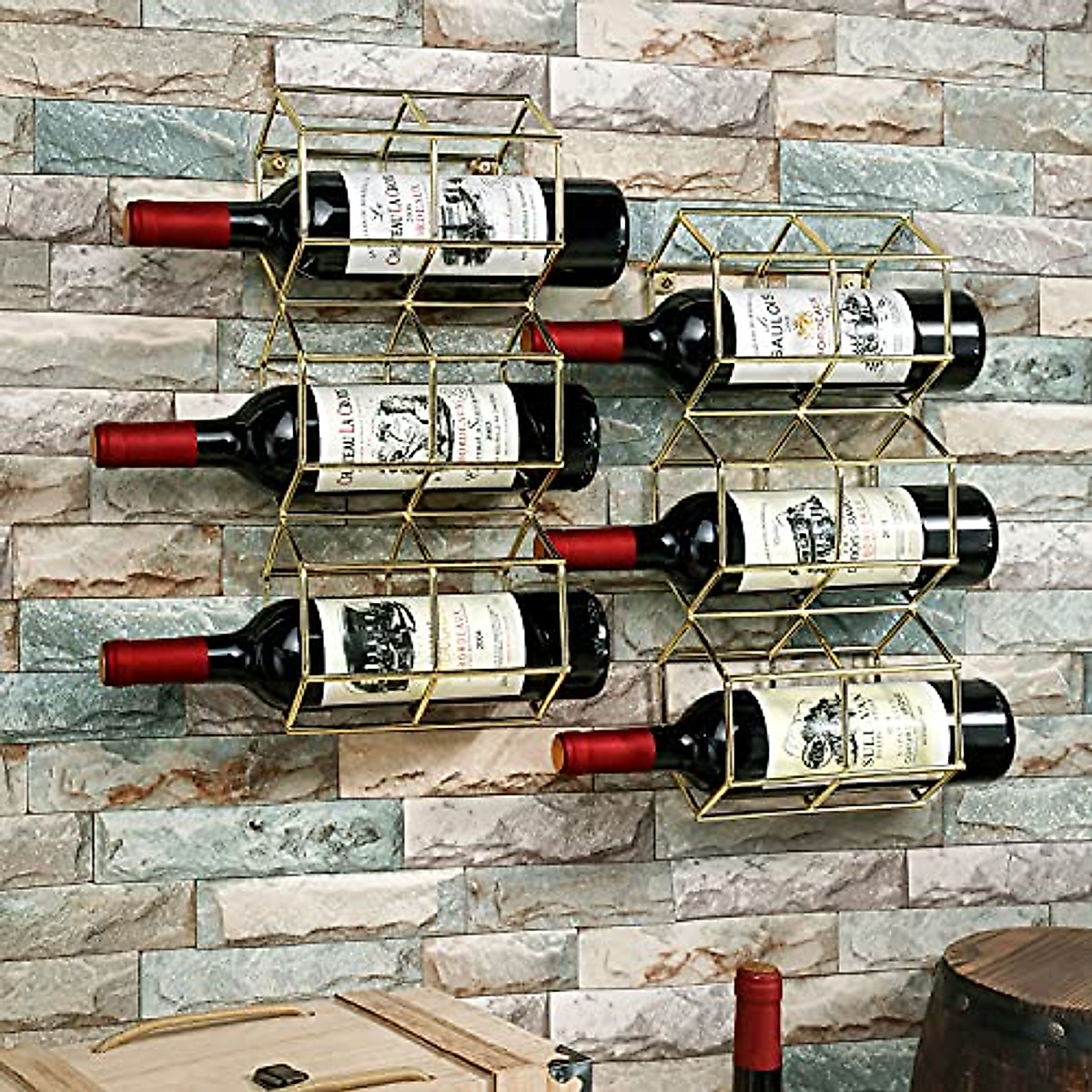 MyGift Modern Brass Plated Metal Wine Bottle Wall Rack, Decorative 3-Bottle Wine Display Holder, Set of 2