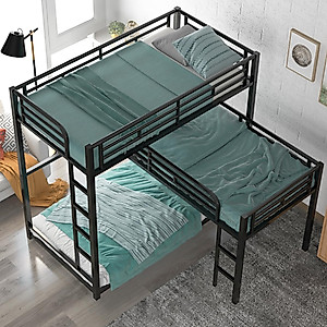 L Shaped Triple Bunk Bed, Metal L Shaped Bunk Beds for 3, Heavy Duty Triple Twin Bunk Bed with Safety Guardrails and Built-in Ladders for Child Teens Adults, Sturdy Metal Slats, Noise Free, Black