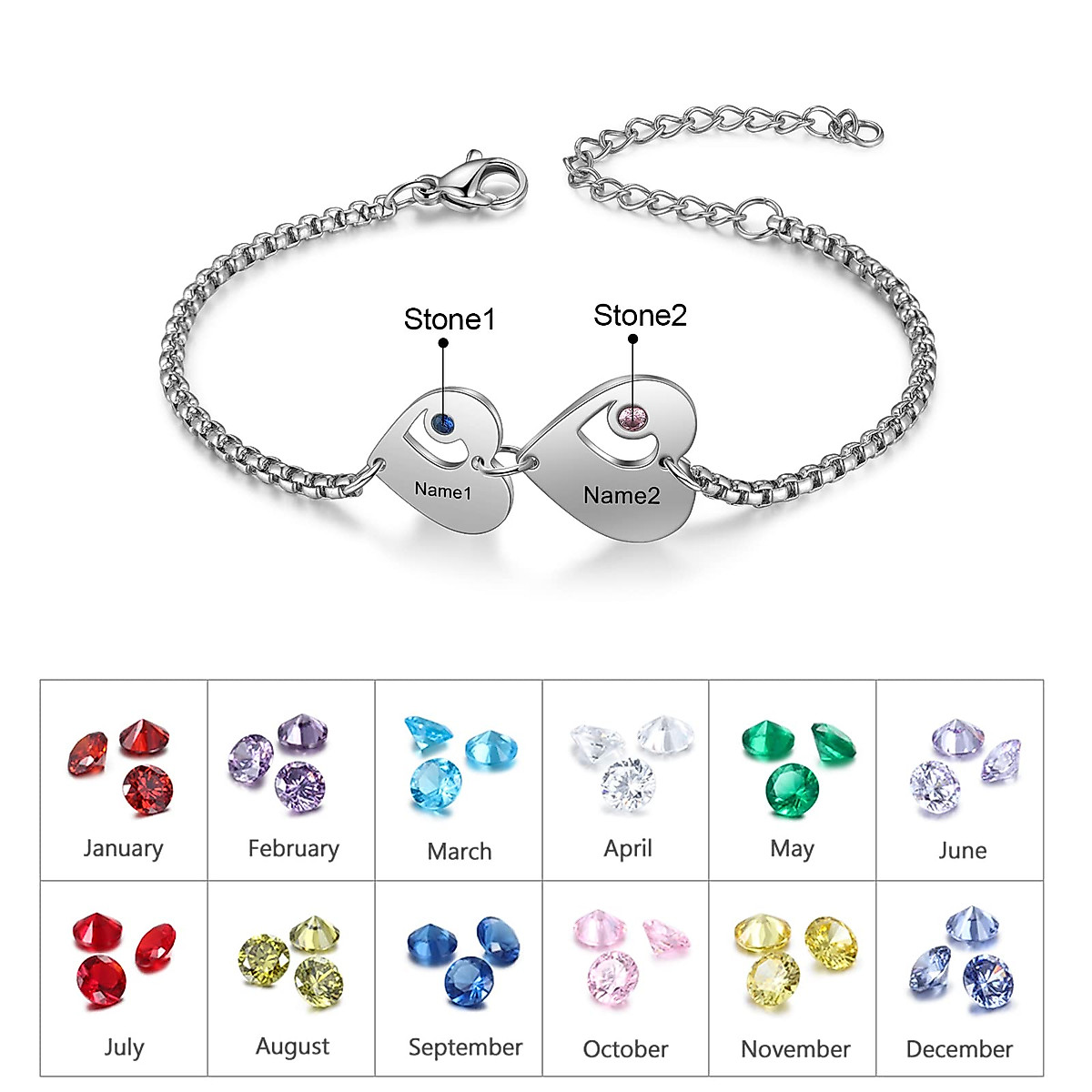 Giftider Personalized Name Bracelet for Women, Mothers Bracelet Custom Love Heart Charm Bracelet with 1-6 Birthstones Name Bracelet for Mom Jewelry Gift for Girls Wife Girlfriend (2 Name)
