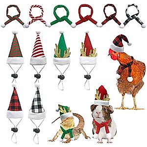 ShuRung 12Pcs Christmas Pet Chicken Hat Scarf Small Animal Xmas Santa Mini Chick Guinea Pig Bunny Hats with Adjustable Chin Strap for Duck Hamster Chinchilla Pets, Green,Black