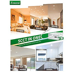 zouzai 1 Pack 6 Inch 5CCT Ultra-Thin LED Recessed Ceiling Light with Junction Box, 2700K/3000K/3500K/4000K/5000K Selectable, 12W Eqv 110W,Dimmable, led can Lights- ETL and Energy Star Certified