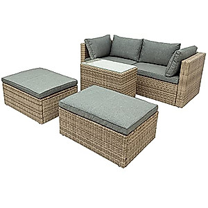 SAWQF Outdoor Patio Furniture 5-Pcs Set Wicker Rattan Sectional Sofa Set 2 Corner Chair+1 Tea Table+2 Ottoman Brown&Gray