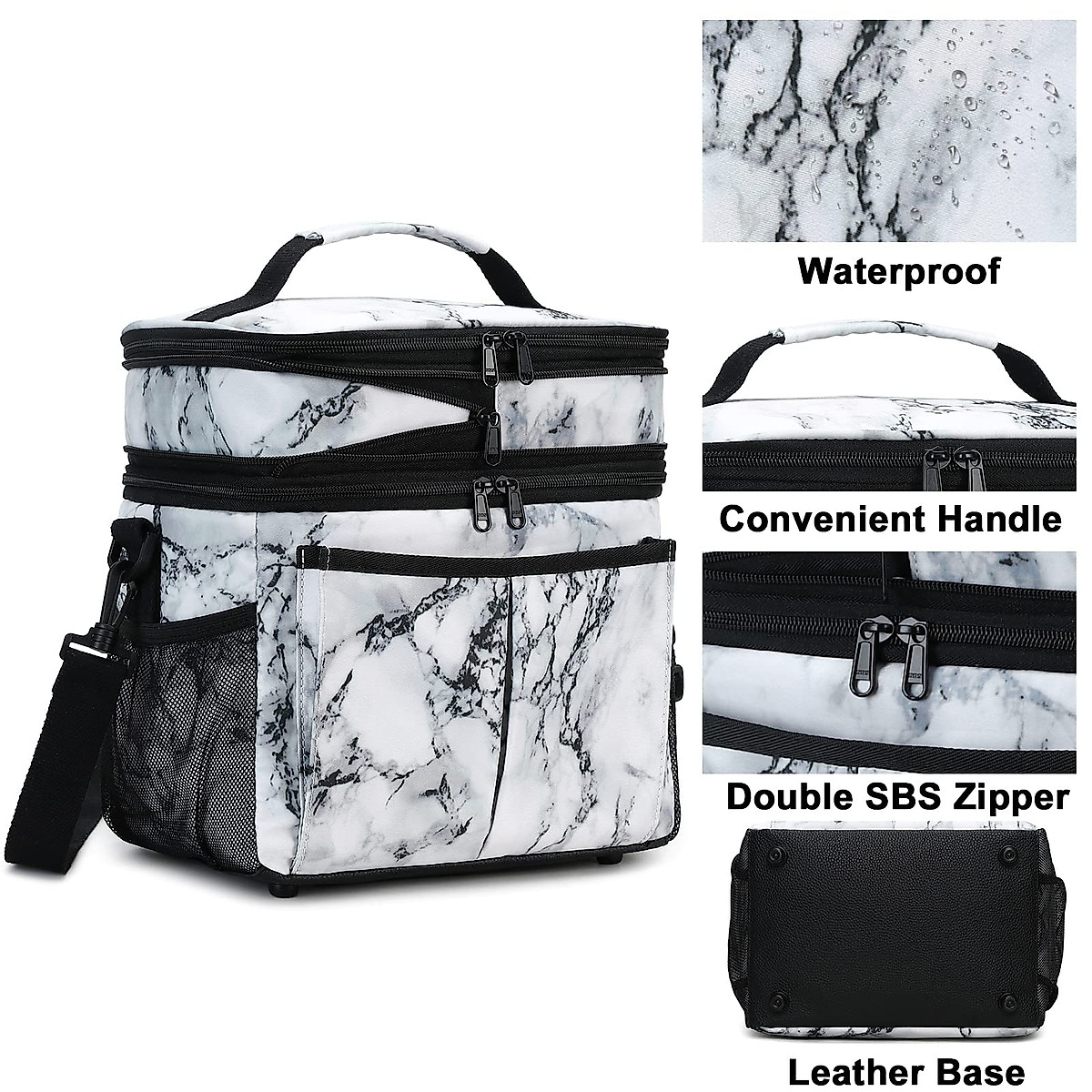 Large Insulated Lunch Bag Women Men Dual Compartment Reusable Lunch Box Soft Portable Leakproof Cooler Bag with Removable Adjustable Shoulder Strap (Marble)