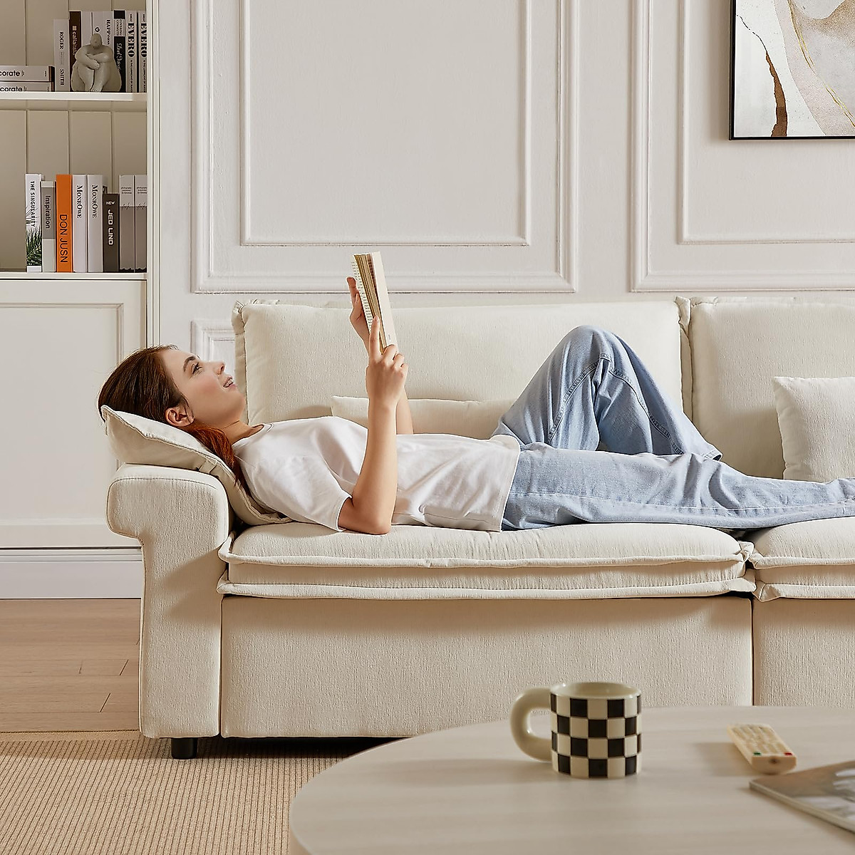 Sivoey 3 Seater Sofa with Deep Seat, 94" Mid Century Modern Upholstered Sofa with Armrests, Tools-Free Assemble, Comfy Chenille Beige Loveseat Couches for Living Room, Bedroom, Apartment and Office