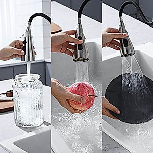 Brushed Nickel Pull Down Kitchen Faucet with Soap Dispenser - High Arc 3-Function Pull Out Kitchen Faucet, Stainless Steel Kitchen Sink Faucet with Pull Down Sprayer Single Hole Single Handle